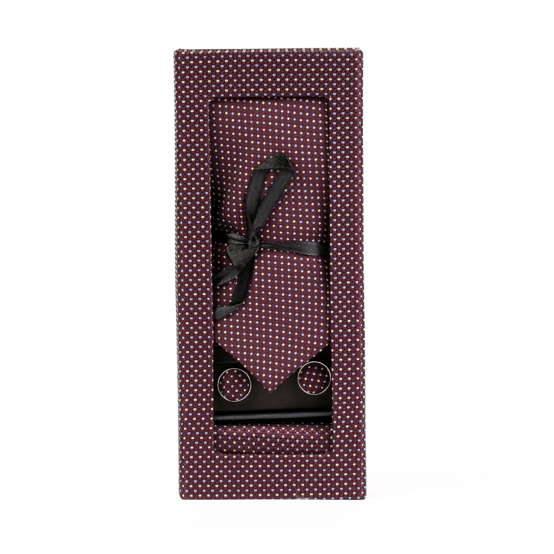 Set butoni, cravata si batista visiniu cu buline bleu si aurii - DOVANI.ro