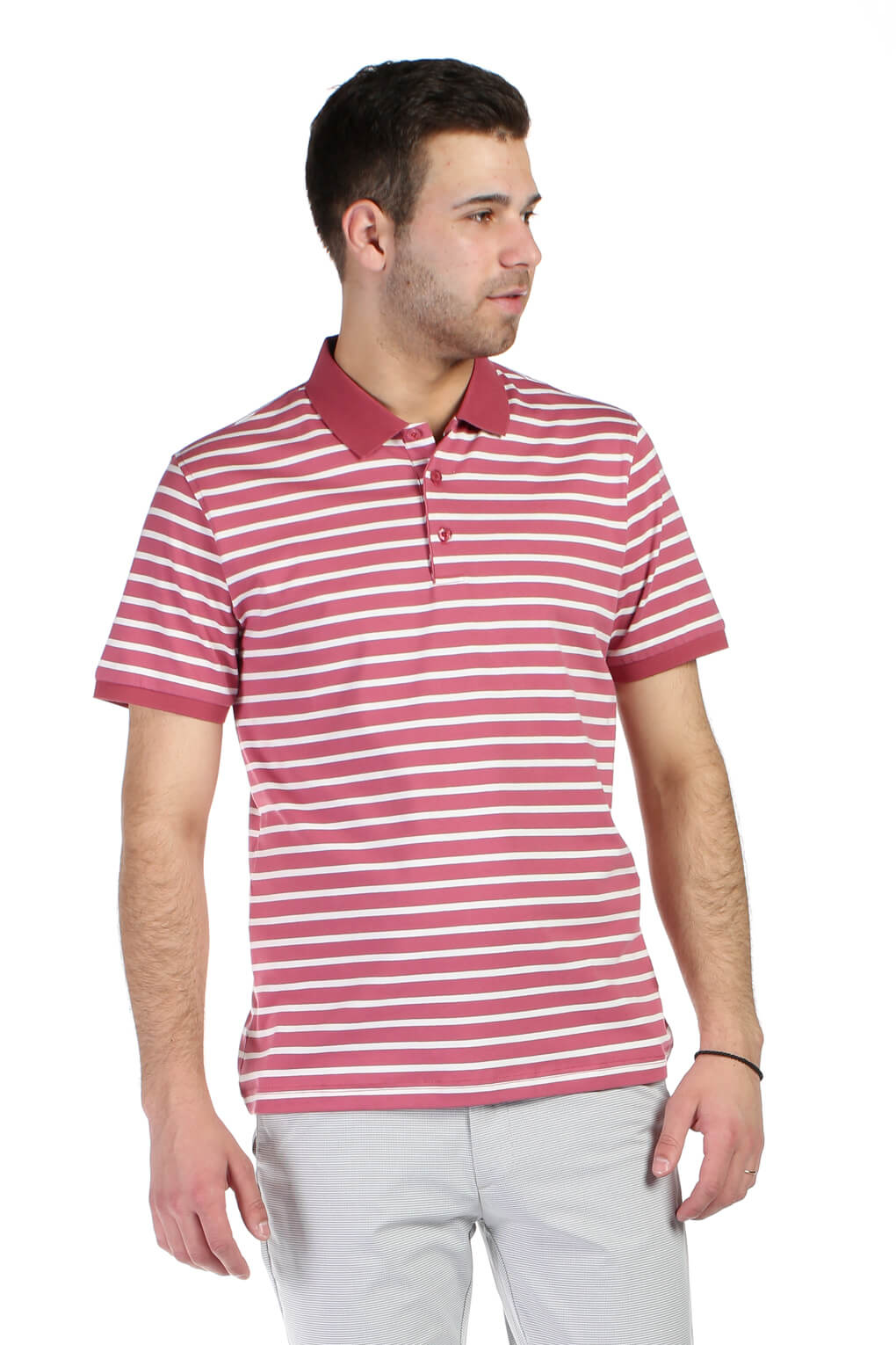 Tricou barbati roz cu dungi albe 8011-2 - DOVANI.ro